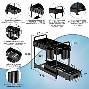 2 Pack Under Sink Organizers and Storage, 2 Tier Under Sliding Cabinet Basket Organizer with Hanging Cups,Hooks,Dividers,Handles,Multi-Purpose Storage Drawer Basket Organizer for Kitchen Bathroom