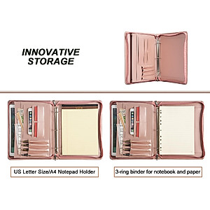 Free Engraved Name, Personalized Portfolio Binder for Women, PU Leather 3 Ring Binder Padfolio Organizer, Business Resume Zippered Portfolio with A4 Writing Pad, Corporate Gift, Customized, Pink