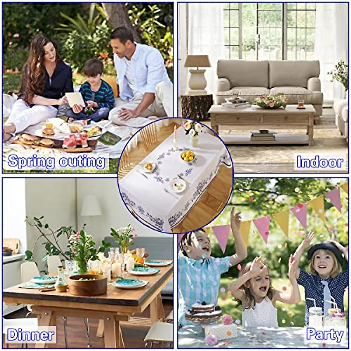 SASTYBALE Spring Ceramic/China Style Tablecloth, Blue and White Porcelain Tablecloth Spill Proof Stain Resistant Tablecloth for Kitchen Dining Picnic Party (52" x 70", Rectangle/Oblong(4-6 Seats))