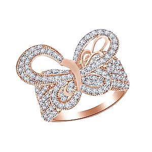AFFY Round Cut White Cubic Zirconia Butterfly Fashion Ring in 14k Rose Gold Over Sterling Silver (2.19 Cttw) Ring Size-7