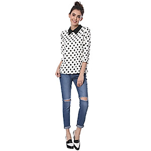 Allegra K Women's Polka Dots Contrast Peter Pan Collar Top 3/4 Sleeves Blouse Shirt X-Large White
