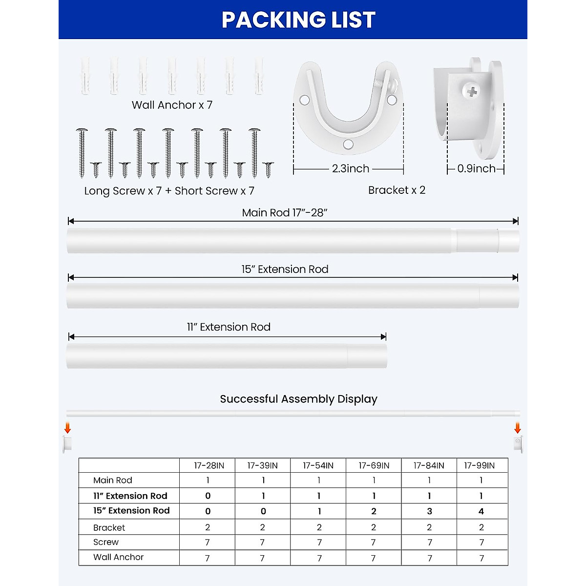 Closet Rods for Hanging Clothes, 17 to 99 Inches Stepless Adjustable Metal Closet Rod, 1.3 Inches Heavy Duty Clothes Hanging Rod for Closet Wardrobes Laundry RV