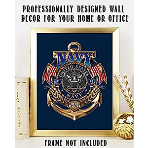United States Navy-Gold Anchor Crest- 8 x 10"- Naval Wall Art Prints- Ready To Frame-"The Sea is Ours" -Replica Poster Prints. Home-Office-Military Decor. Beautiful Crest-Emblem to Show Navy Pride!