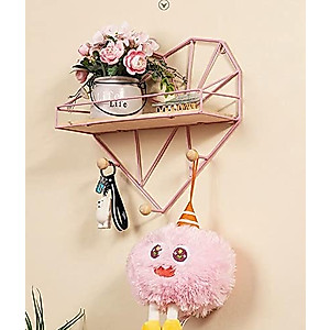 Metal Wall Floating Shelf Hanging Shelf Wall Decor Shelving Storage Organizer with 3 Hooks Heart Shaped Shelf Wall Storage Shelves for Farmhouse,Bedroom,Living Room, Kitchen,Bathroom Decor (Pink)