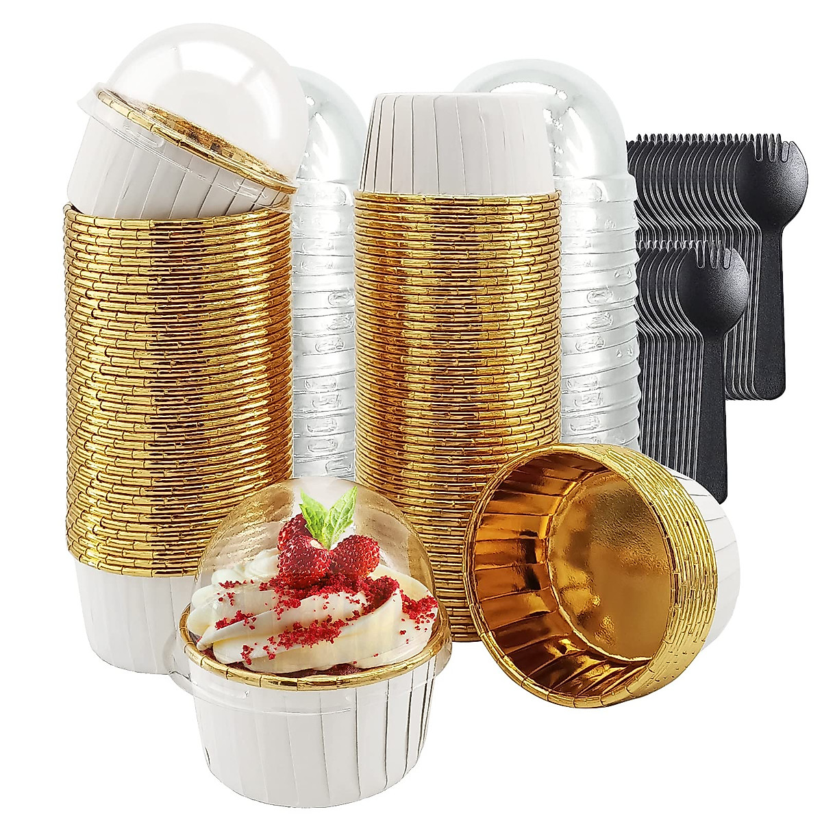 Cupcake Liners With Dome Lids 100 Pack,LNYZQUS 5.5 Oz Foil Cupcake Tins Baking Cups,Disposable Ramekins Muffin Tins,Large Cupcake Cups Cupcake Wrappers Holders,with Spoons-White in Gold