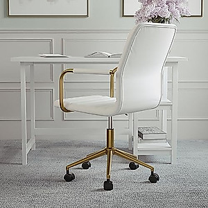 Martha Stewart Taytum Swivel Task Chair with Armrests for Home Office in White Faux Leather with Polished Brass Frame
