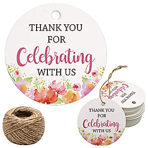 Thank You for Celebrating with Us Tags, 100Pcs Floral Thank You Tags for Wedding Birthday Baby Shower Party Favors, Paper Gift Tags with 100 Feet Jute String