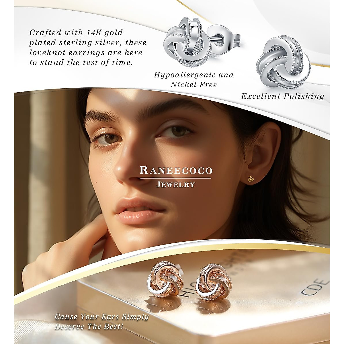 Gold Plated Sterling Silver Studs Love Knot Earrings For Women | Hypoallergenic & Nickle Free Jewelry for Sensitive Ears (10, white-gold-plated-silver)