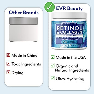 EVR Beauty Powerful Retinol and Collagen Anti Aging Face Cream for Mature Skin - Natural Deep Wrinkle Cream with Hyaluronic Acid for Women and Men of all Skin Types - Use Day and Night - 4 ounce