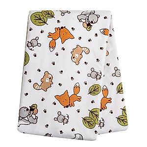 Friendly Forest Deluxe Flannel Swaddle Blanket - Forest Animals Scatter Print Cotton Flannel, Orange, Green, Tan, Gray and White, 48 in x 48 in