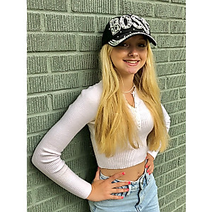 Popfizzy Bling Boss Baseball Cap for Women Rhinestone Hat, Distressed Baseball Caps, Denim Ball Caps (Boss (Black))