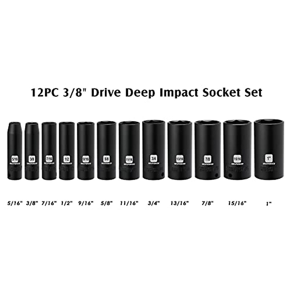 MIXPOWER 12 Pieces 3/8-Inch Drive Deep Impact Socket Set, 5/16 to 1 inch, CR-V, SAE, 6 Point, Deep, 12 Pieces 3/8" Dr. Socket