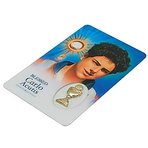Blessed Carlo Acutis Laminated Plastic Holy Card with Built in Chalice Charm | Prayer on Back | Patron of the Internet | Great Catholic Gift for First Holy Communion | Made in Canada