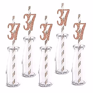 Rose Happy 37th Birthday Straw Decor, Rose Gold Glitter 24pcs Cut-Out Number 37 Party Drinking Decorative Straws, Supplies