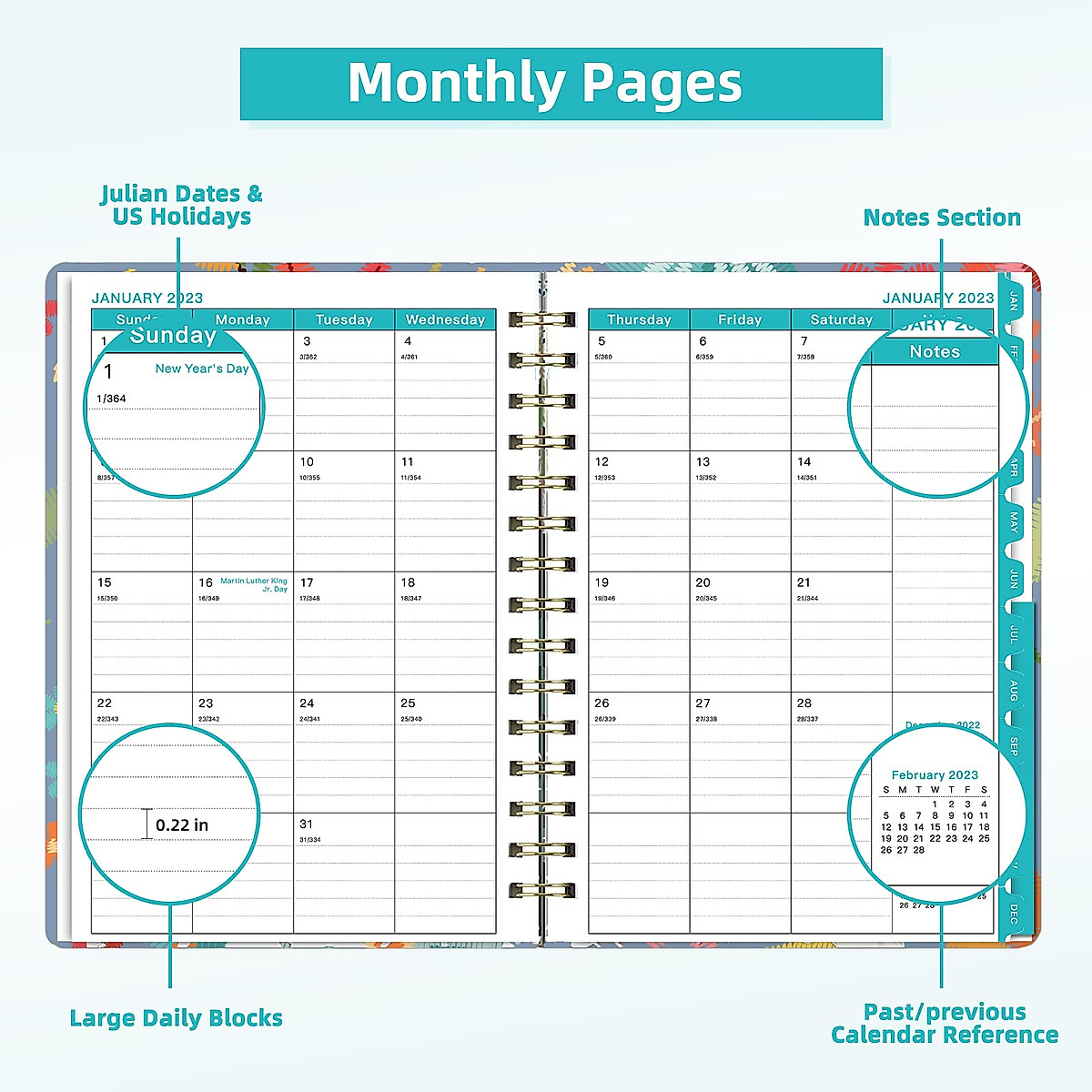 Ymumuda 2023 Planner, Weekly Monthly Planner 2023, 12-Month School Planner from JAN.2023 to DEC.2023, 8.4" X 6", Spiral Planner Notebook with Stickers, Elastic Closure, Inner Pocket, Coated Tabs, Grey Embroidery Floral