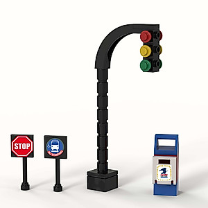 Building Bricks Toys City Town Village Street Main Road Arch Traffic Light, Stop Sign, Bus Stop, Post Box, Road Sign, 4 PCS Playset. for Kids 4+ Plastic