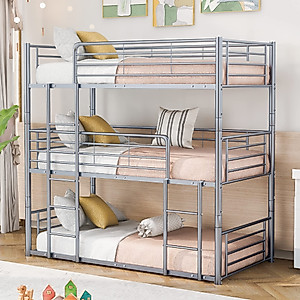 BIADNBZ Triple Bunk Bed with Built-in Ladder and Full-Length Guardrails, Twin Size Metal Bunkbeds w/Sturdy Frame for Kids, Boys, Girls, Teens, Divided into Three Separate Beds,Gray
