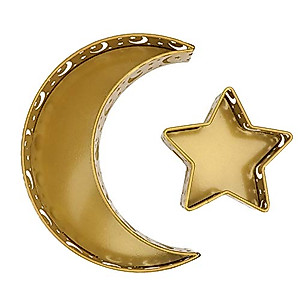 VALICLUD 2pcs Iron Serving Tray Plate Eid Islam Moon and Star Shaped Platter Pastry Dessert Tray for Home Ramadan Mubarak Party Decor Supplies (Golden)