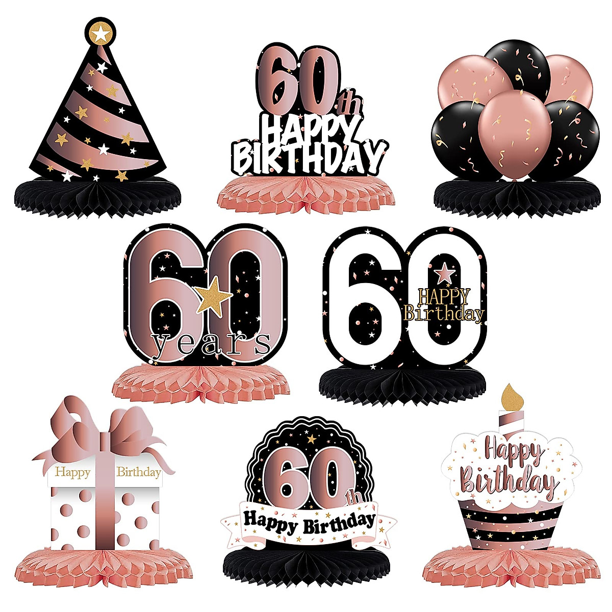 LINGTEER Happy 60th Birthday Rose Gold Table Honeycomb Centerpieces Cheers to 60th Birthday Sixty Years Old Party Table Decorations Gift Sign.
