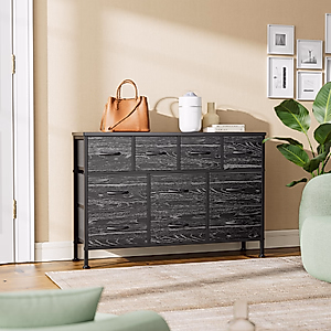 Lulive Dresser for Bedroom 10 Drawer Dresser TV Stand with Power Outlet, Entertainment Center Chest of Drawers for 55 Inch TV, Black Fabric Dresser for Bedroom Living Room Hallway Closets