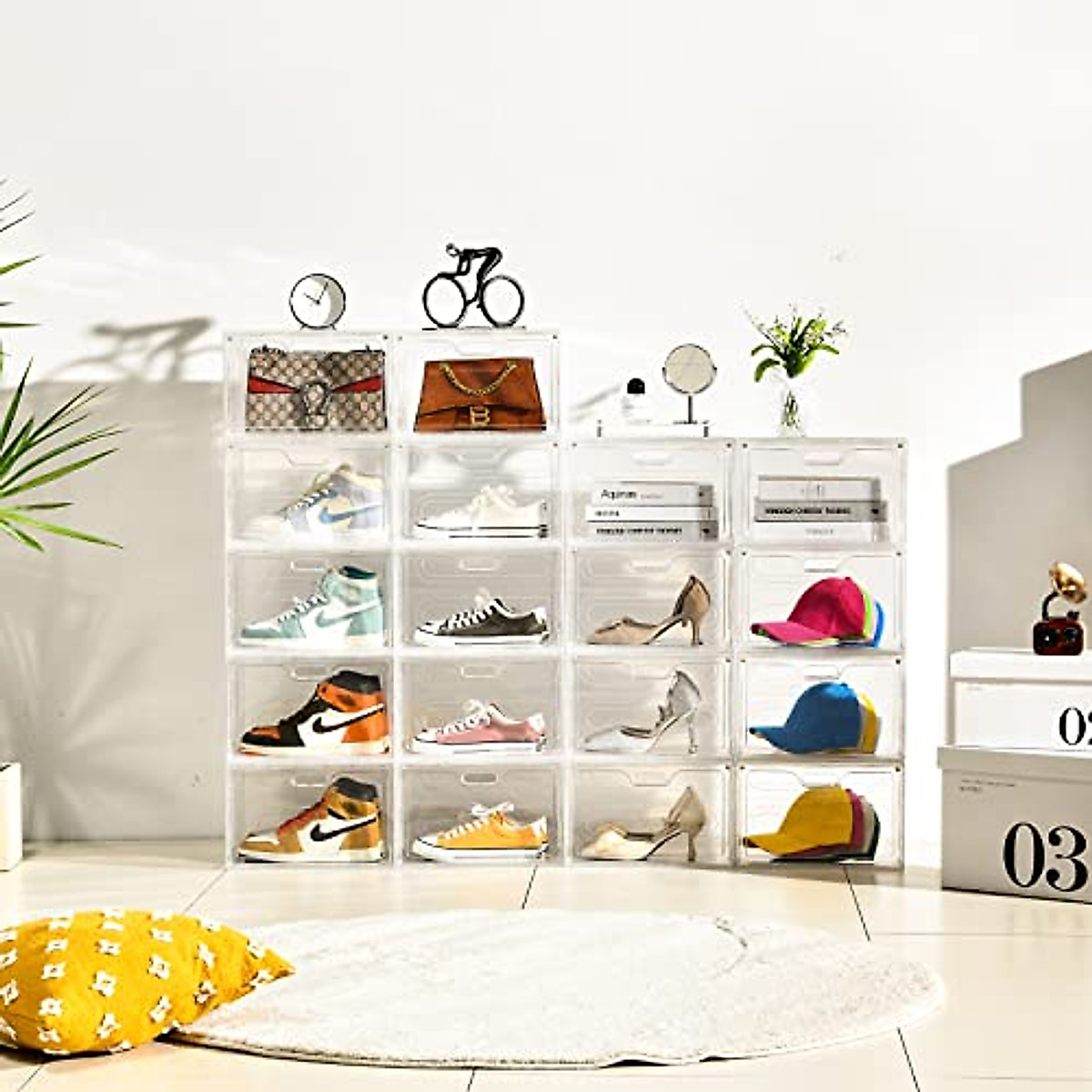 Amllas 8 Pack Shoe Boxes Clear Plastic Stackable, Large Shoe Storage Organizer with Lids,Drop Side Shoe Containers for Entryway,Sneaker Storage Fit up to US Size 13 for Men/Women(13’’x 10.6”x 8.3”)