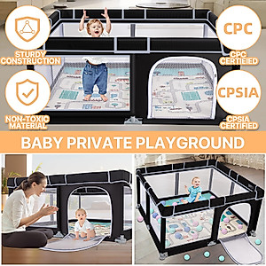Baby Playpen with Mat, 50”×50” Playpen, Durable and Secure Baby Play Pen, Indoor & Outdoor Kids Activity Play Center, Equipped with Anti-Slip Suckers and a Zipper Gate, Anti-Fall（Black）