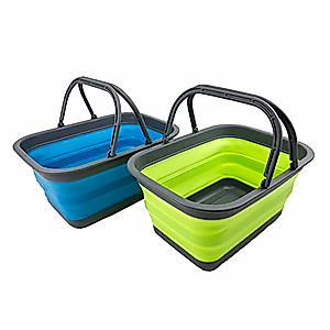 SAMMART 12L (3.17Gallon) Set of 2 Collapsible Tub with Handle - Portable Outdoor Picnic Basket/Crater - Foldable Shopping Bag - Space Saving Storage Container (Grass Green + Cerulean)
