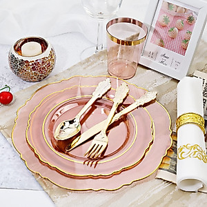 KIRE 210Pcs Clear Pink Plastic Plates with Gold Rim& Disposable Gold Plastic Silverware &Pink Cups&Hand Napkin- Plum Colored Plastic Dinnerware for Upscale Wedding & Mothers Day & Easter