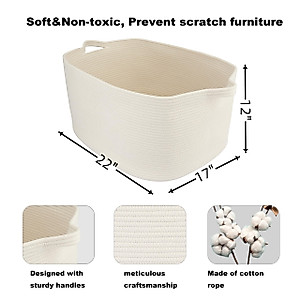 XUANGUO Large Rectangle Blankets Basket Living Room 22"x17"x12" Woven Cotton Rope Storage Basket for Nursery Toy Basket for Kids and Dogs Wicker Laundry Basket Bin for Clothes Towels white