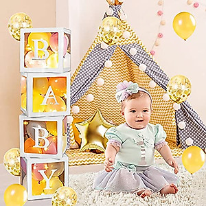 Termichy Baby Shower Boxes Party Decorations with Warm White Fairy Lights, 4 PCS Transparent Balloon Boxes Baby Shower Blocks for Girls Boys Baby Shower, Gender Reveal Decorations (White)