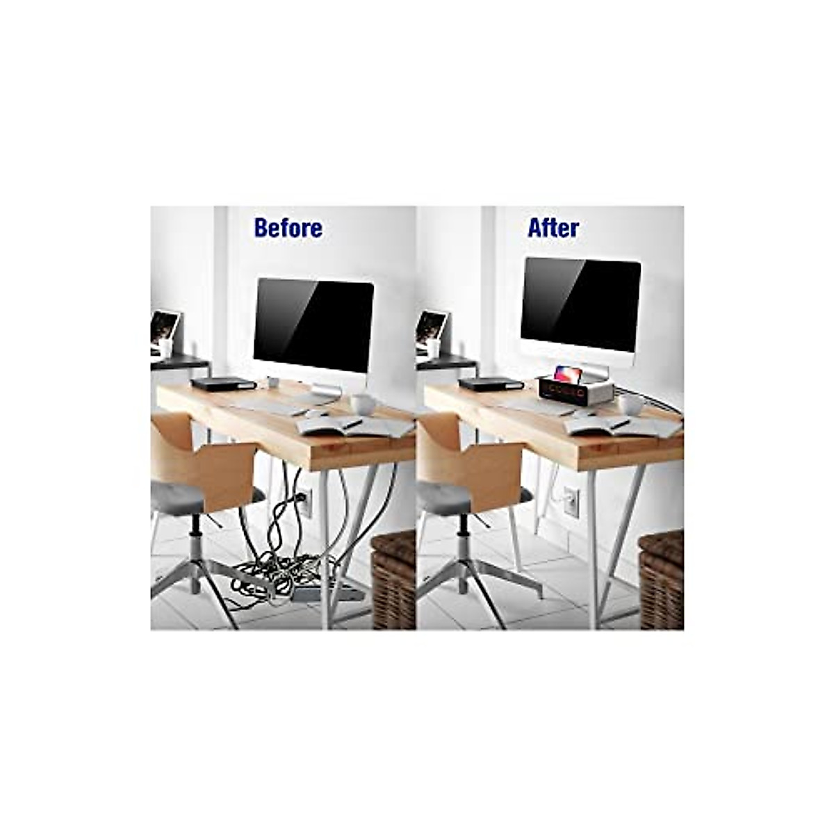 Kantek Cable Management Power HUB and Stand with USB Charging Ports, 5 OUTLETS, 3 USB, 6.5 FT Cord, White