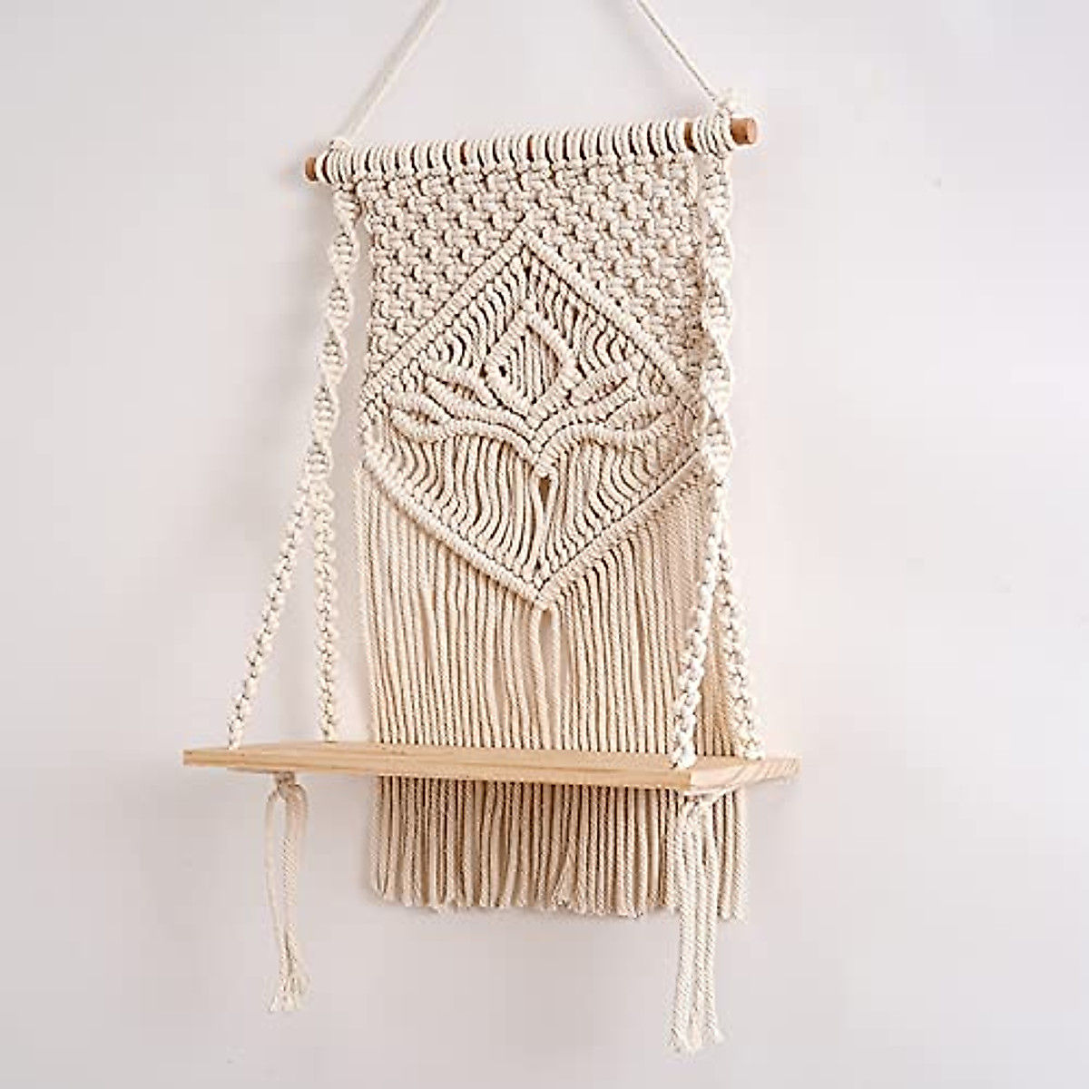Walbest Macrame Wall Hanging Shelf Decor - Macrame Plant Hanger Boho Wall Decor, Boho Hanging Floating Wall Shelves for Wall Storage Beige