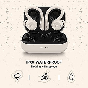 Beige Wireless Earbuds with Earhooks Bluetooth Earbuds with Ear Hook Waterproof Sport Headphones Noise Cancelling Ear Buds with Microphone Long Battery Life Earphones for Running Workout Android iOS