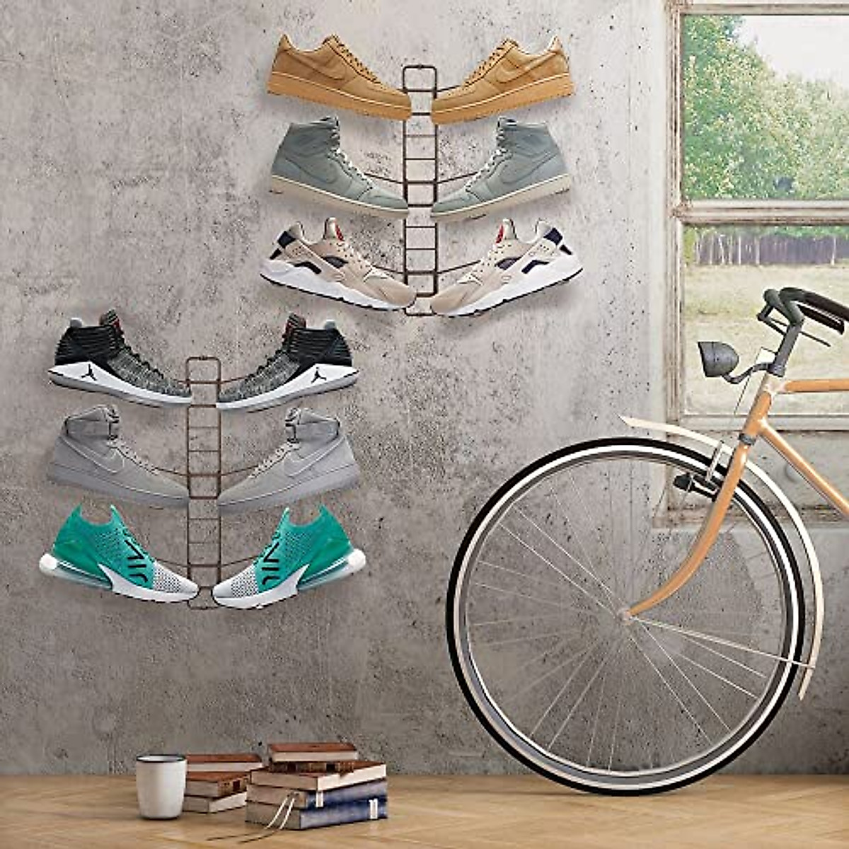 mDesign Modern Metal Shoe Organizer Display & Storage Shelf Rack - Adjustable Shelves Hang & Store Kicks, Running, Basketball, Tennis Shoes - 3 Tier, Each Wall Mount Unit Holds 6 Shoes, 2 Pack, Bronze