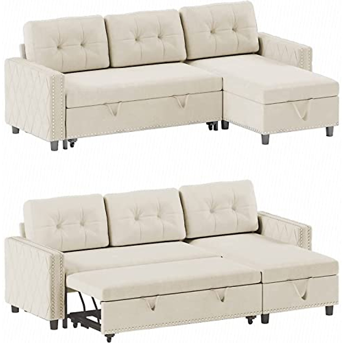 Mjkone Pull Out Sofa Bed, Sectional Sleeper Sofa with Storage, 3 Seat Couch with Chaise Lounge, Velvet Couch with Pull Out Bed, L Shaped Sectional Sofa Couches for Living Room Apartment, Beige