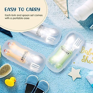 6 Pieces Toddler Utensils Baby Spoon Fork Set Toddler Flatware Set with Travel Case Baby Feeding Training Spoons Forks with Cute Cartoon Handle Stainless Steel Baby Angled Spoons for Age Over 6