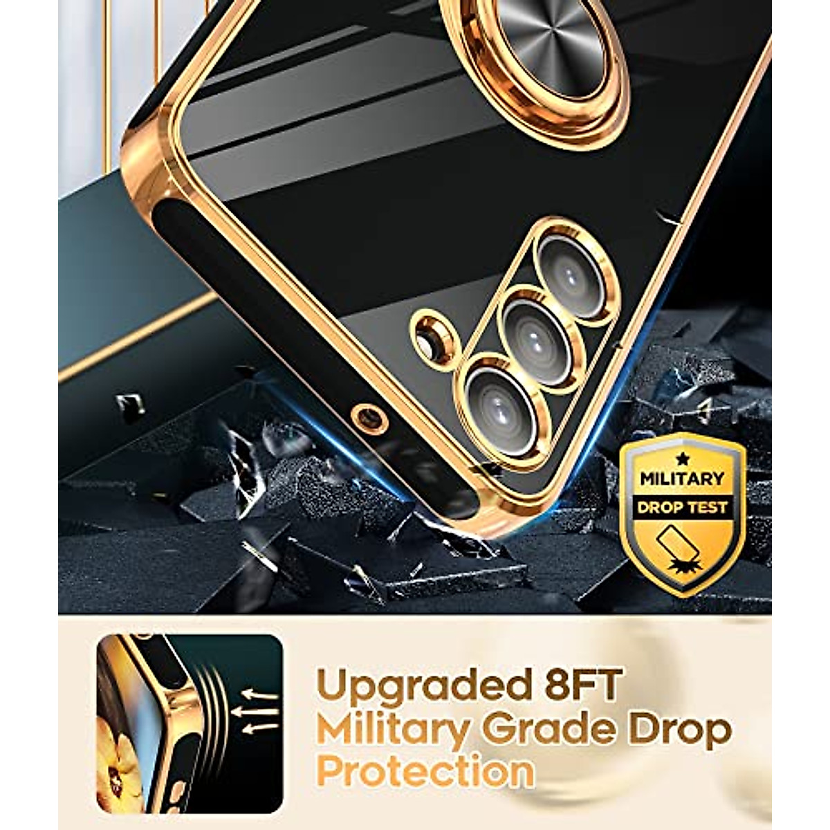 LeYi for Samsung Galaxy S23 Case 360° Rotatable Ring Holder Magnetic Kickstand, Plating Rose Gold Edge Protective Case, Black