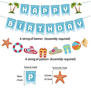 Zwiebeco Seaside Birthday Party Decoration Supplies-Blue White Happy Birthday Sign Banner Starfish Conch Hanging Paper Banner for Kids Adults Tropical Hawaiian Seaside Beach Pool Summer Birthday Decor