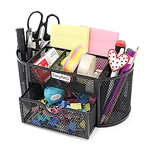EasyPAG Desk Organizer Mesh Desktop Office Supplies Multi-functional Caddy Pen Holder Stationery with 8 Compartments and 1 Drawer,Black