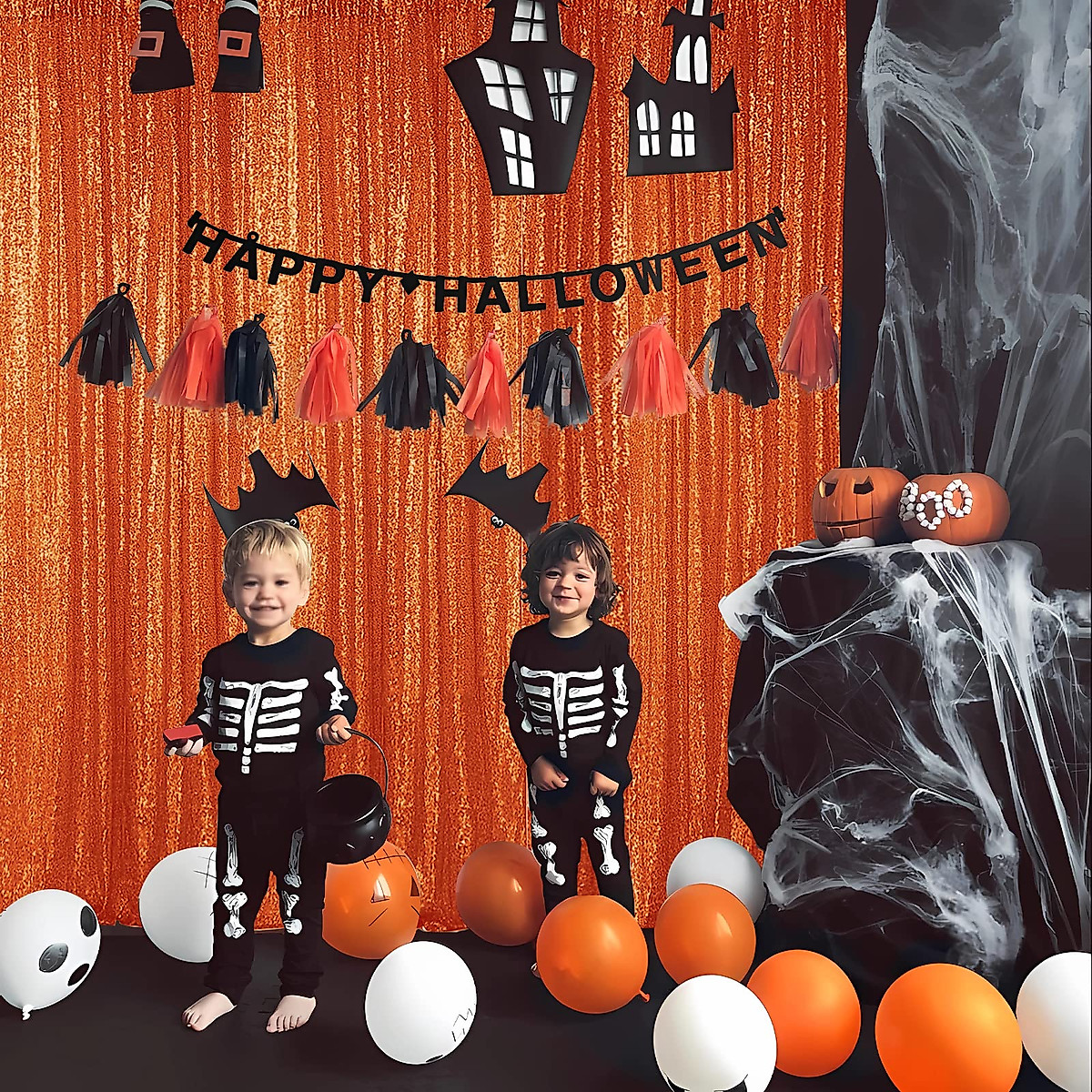 Hahuho Orange Sequin Backdrop Curtain, Halloween Glitter Backdrop Curtain for Parties, Christmas, Wedding, Party Decoration（2 Panels, 2FT x 8FT, Orange