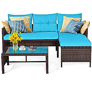 HAPPYGRILL 3-Pieces Patio Conversation Set Sectional Rattan Wicker Sofa Set with Steel Frame & Seat Cushion, Outdoor Table & Sofa Furniture Set for Garden Lawn Pool Backyard