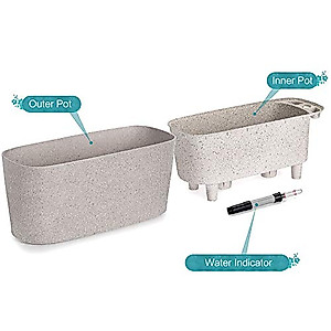 Amazing Creation Windowsill Rectangular Self Watering Herb Garden, Plastic Planter Pot for Herbs, Greens, Flowers, House Plants and Succulents, Indoor/Outdoor Flower Pot (Stone Color)