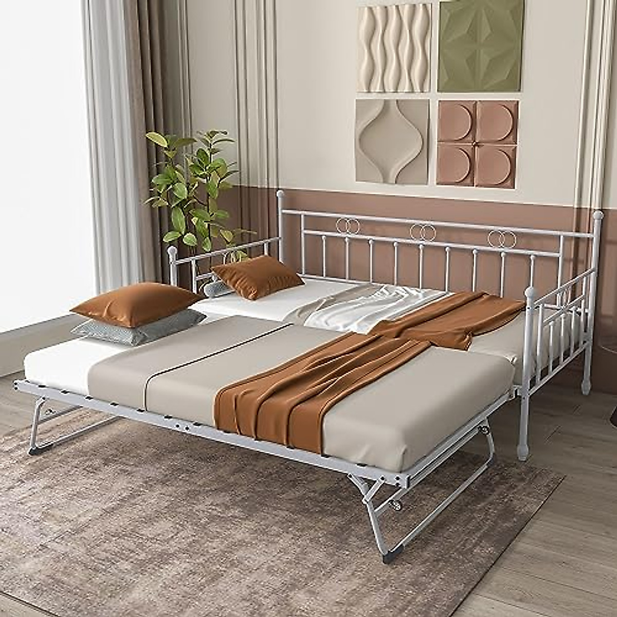 FULLJOJOR Twin Day Bed with Trundle Bed Twin, Metal Daybed with Trundle, Daybed with Pop Up Trundle Bed Frame, Steel Slat Support Sofa Bed for Kids Teens Adults, No Box Spring Needed