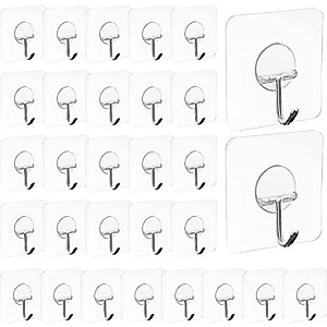 30 Packs Adhesive Wall Hooks Strong 11 lbs/ 5 kg Seamless Clear Transparent Hooks for Towel Loofah Bathrobe Coats Hanger Clearly Waterproof Hooks