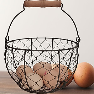 TAIANLE Farmhouse Metal Wire Egg Basket for Collecting Fresh Eggs,Round Handle Egg Basket Vintage Style,Durable Collect & Gathering Basket for Fresh Egg,Countertop Egg Basket Holder,Storage Fruit Bin