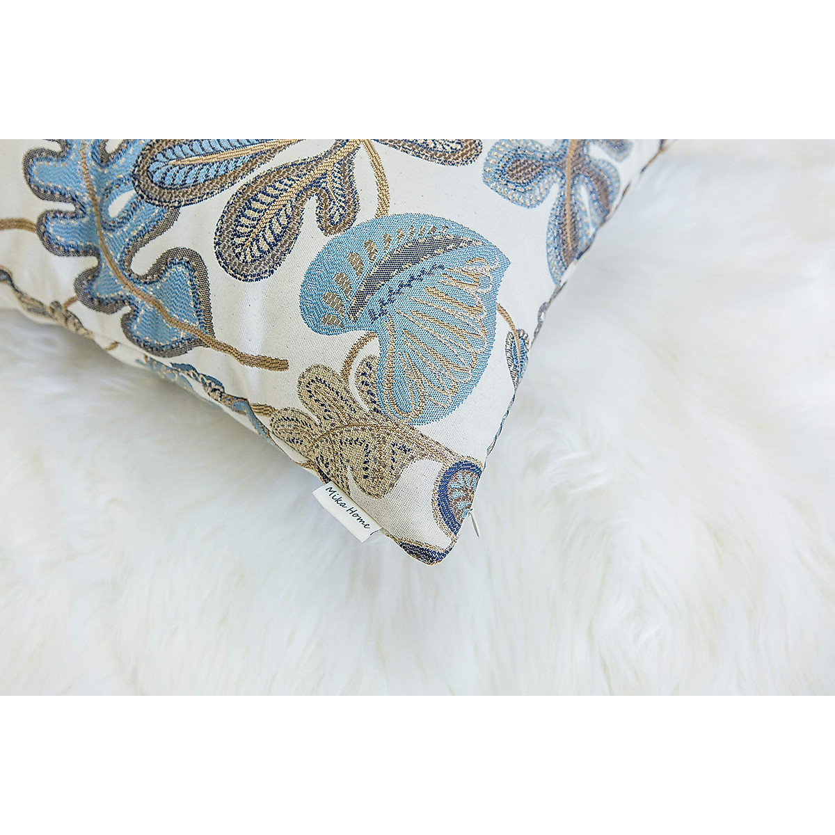 Mika Home Set of 2 Jacquard Tropical Leaf Pattern Throw Pillow Covers Decorative Pillowcase 20X20 Inches,Blue Cream