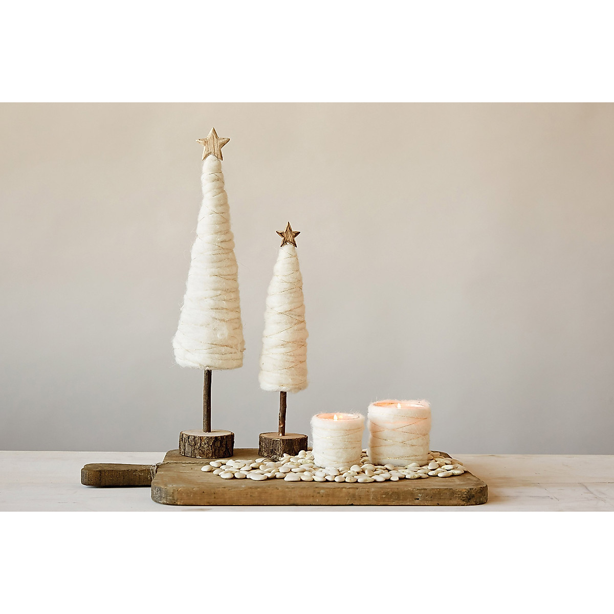 Creative Co-Op Small Cream Wool Christmas Tree with Star & Wood Base