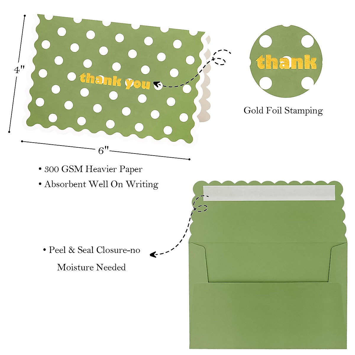 Crisky 3 Assortment Gold Foil Wavy Green Thank You Cards with Envelopes (50 Pack) for Birthday, Baby Shower, Bridal Shower, Wedding, Graduation