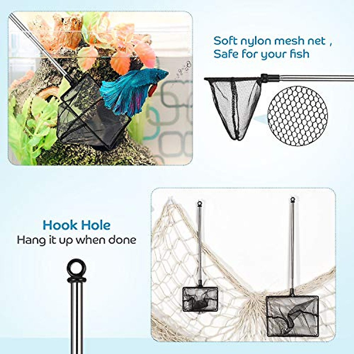 2 Pieces Mesh Fish Tank Net Aquarium Fish Net 4 Inch Stainless Steel Fish Net with Extendable 12.5-27.5 Inch Long Handle Fish Catch Nets Fish Tank Aquarium Accessories