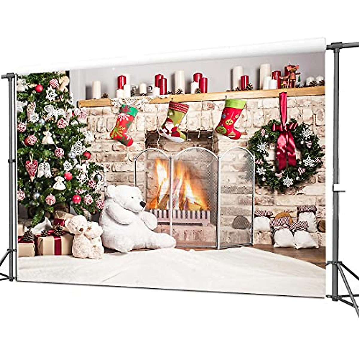7x5ft Christmas Photography Backdrop Christmas Fireplace Backdrop White Brick Fireplace Bear Christmas Tree Backgrounds Children Photography Studio Prop